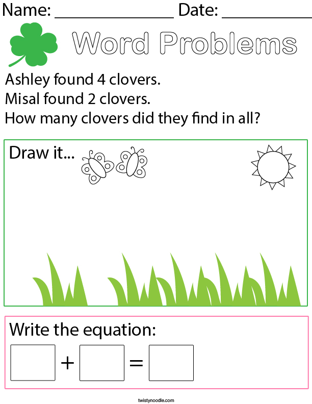 Clover Addition Word Problem Math Worksheet - Twisty Noodle